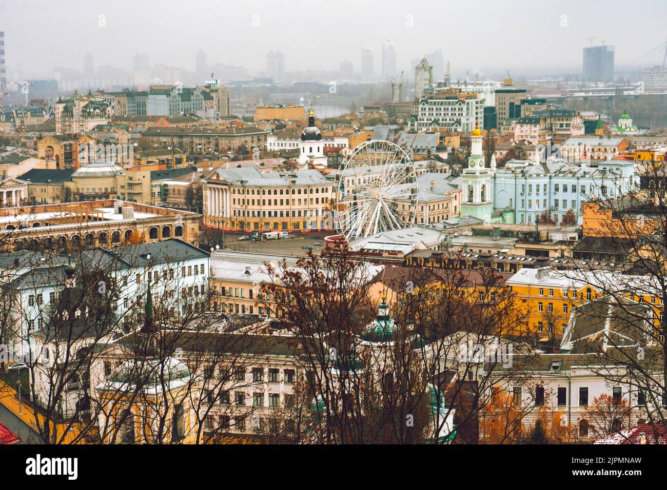Aerial top view on building roofs of Podil district , Kiev city, Kyiv ...
