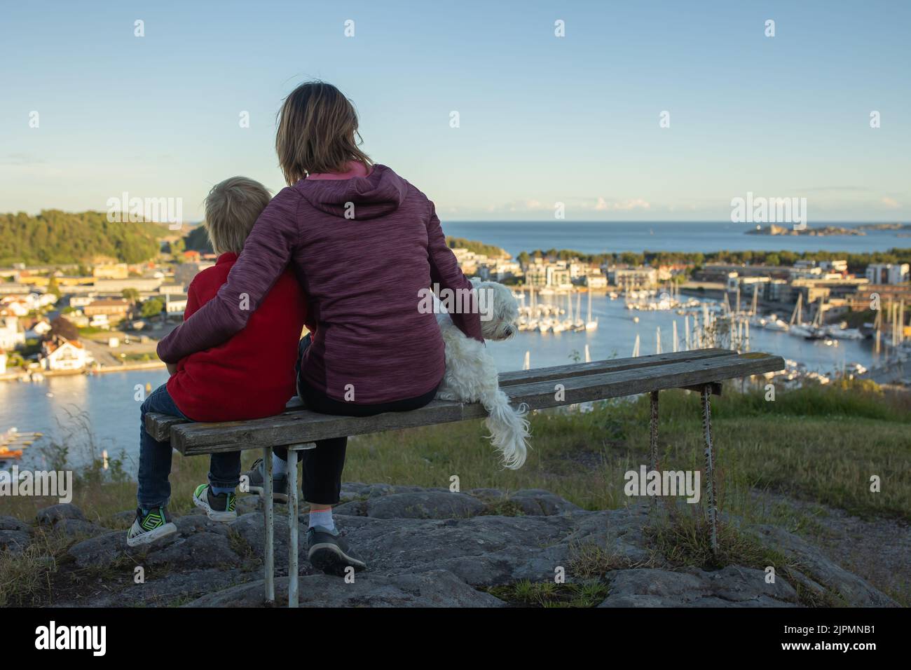 Family visiting town Mandal in Norway, view from the viewpoint ...