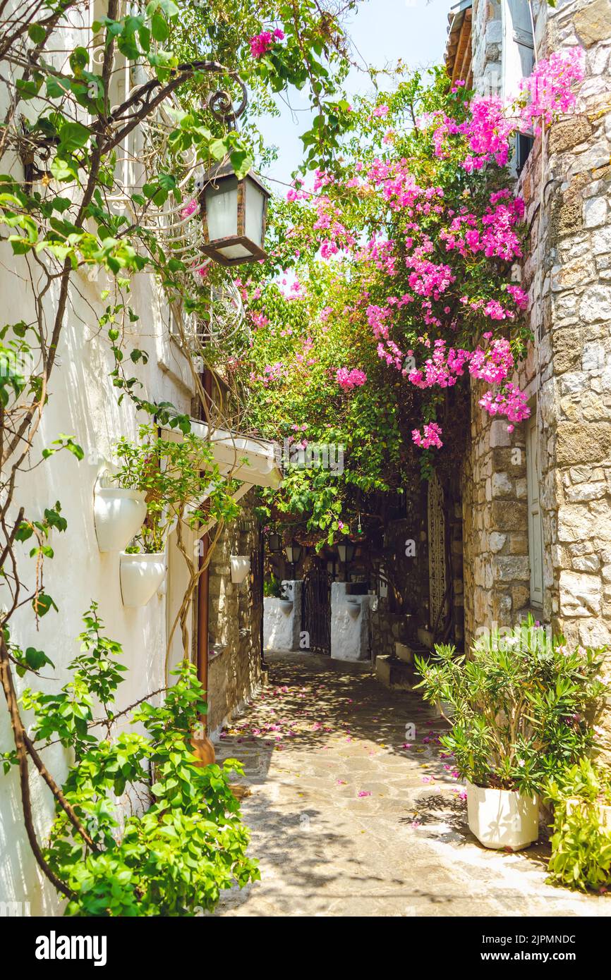 Narrow street in old town of Marmaris, Turkey . Beautiful scenic old ...