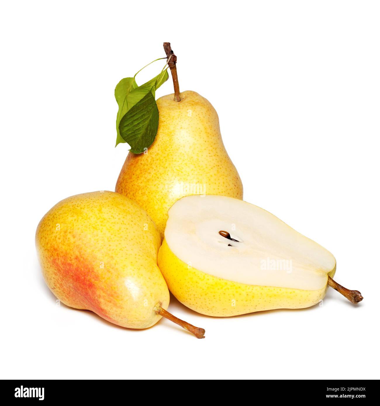 Three yellow ripe pears isolated on white background. Dessert for ...