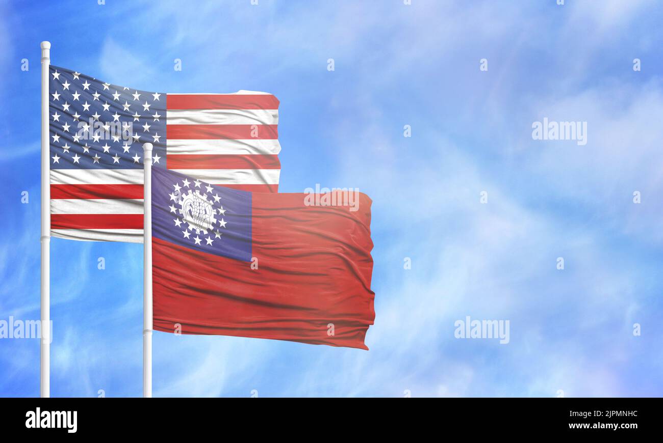 Waving American flag and flag of Myanmar Burma Stock Photo - Alamy