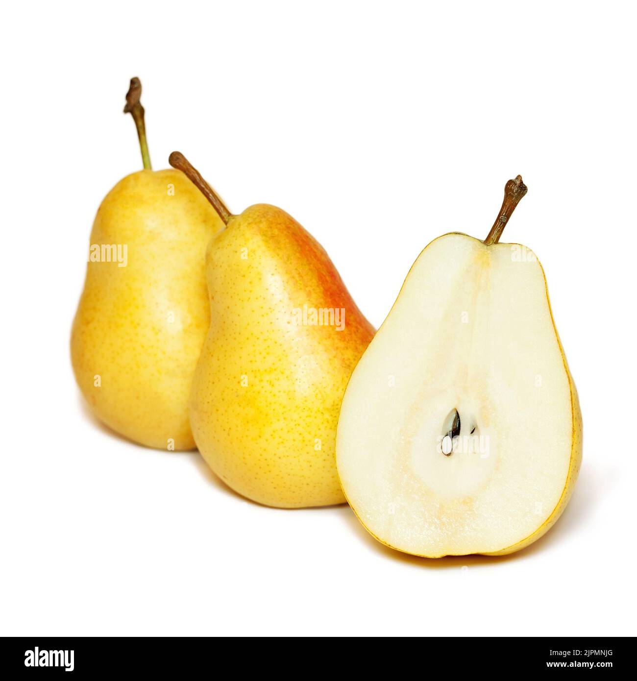 Three yellow ripe pears isolated on white background. Dessert for ...