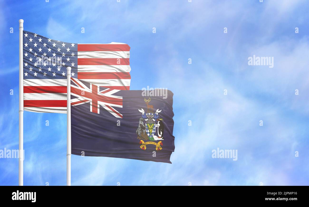 Waving American flag and flag of South Georgia and the South Sandwich ...