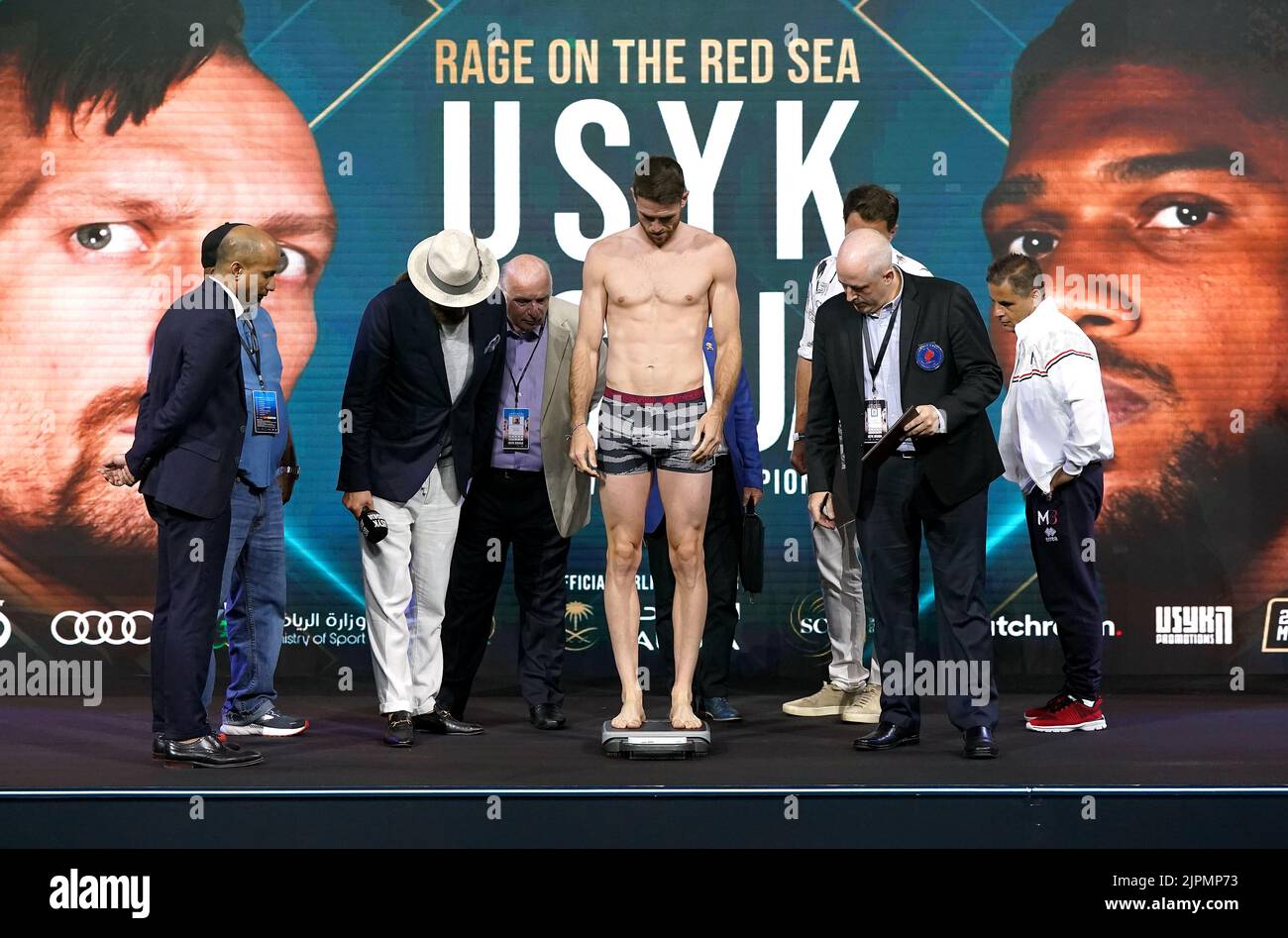 Callum Smith (centre) during the weigh in at the King Abdullah Sport ...