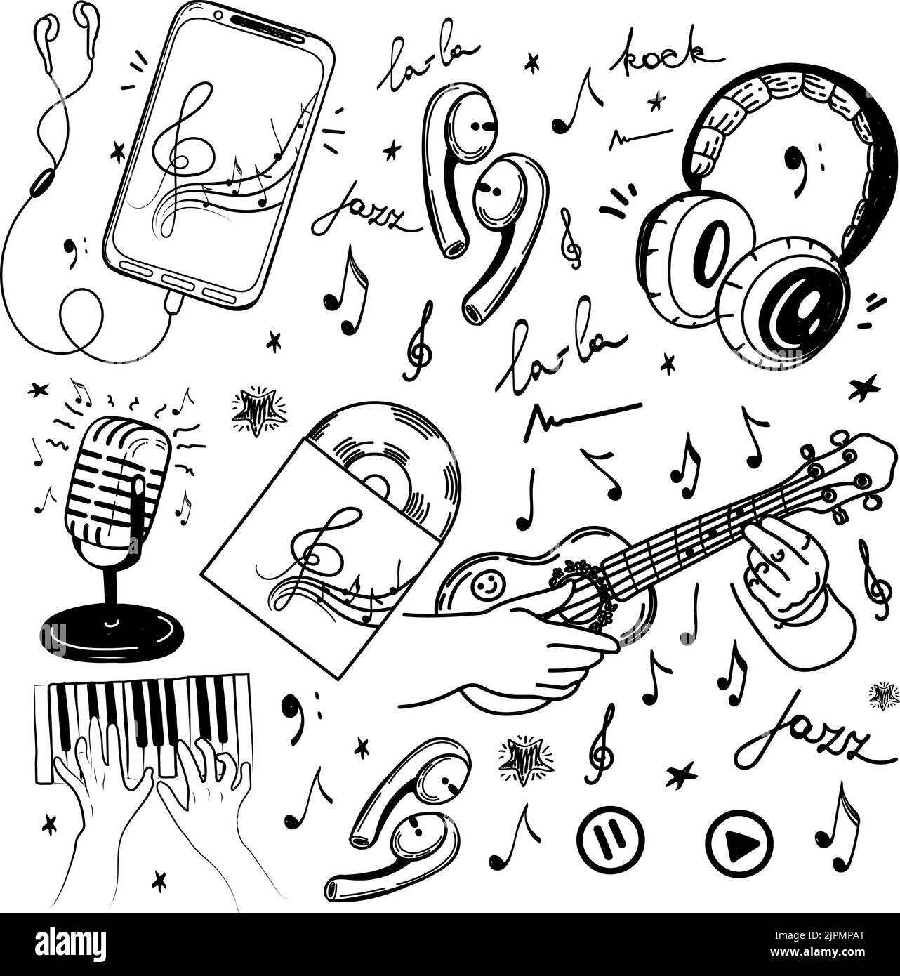 A set of hand-drawn musical elements in sketch style. Guitar or ukulele ...