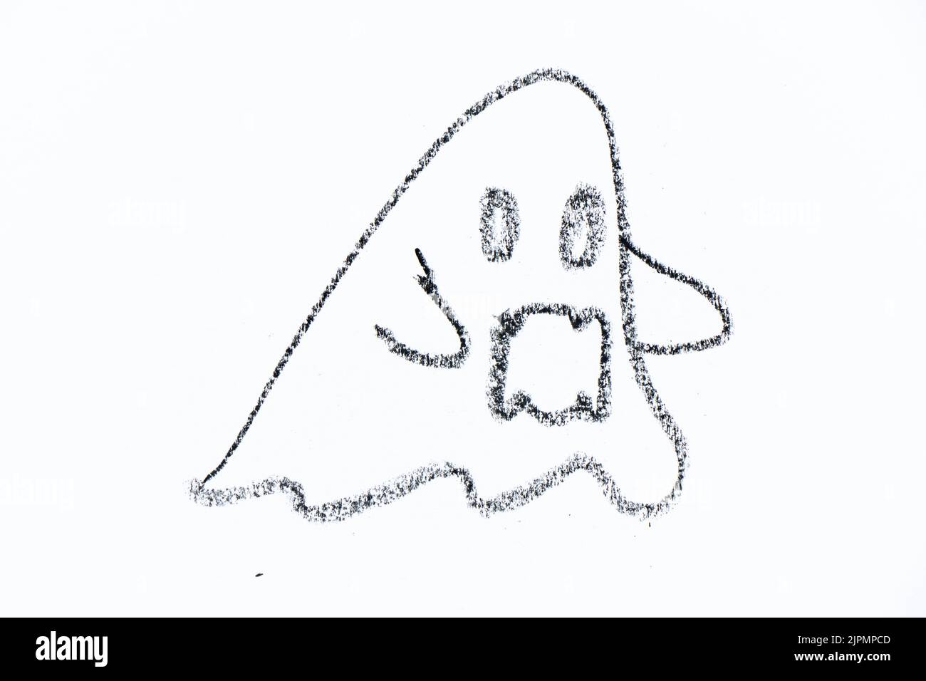 Black color oil pastel hand drawing in flying ghost shape on white ...