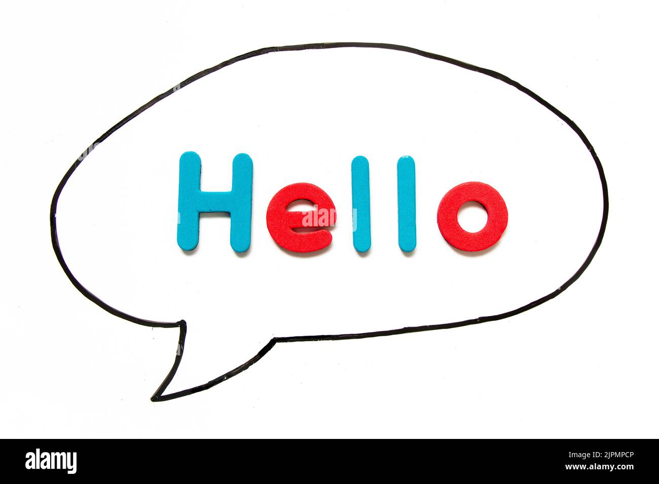 Alphabet letter with word hello in black line hand drawing as bubble ...