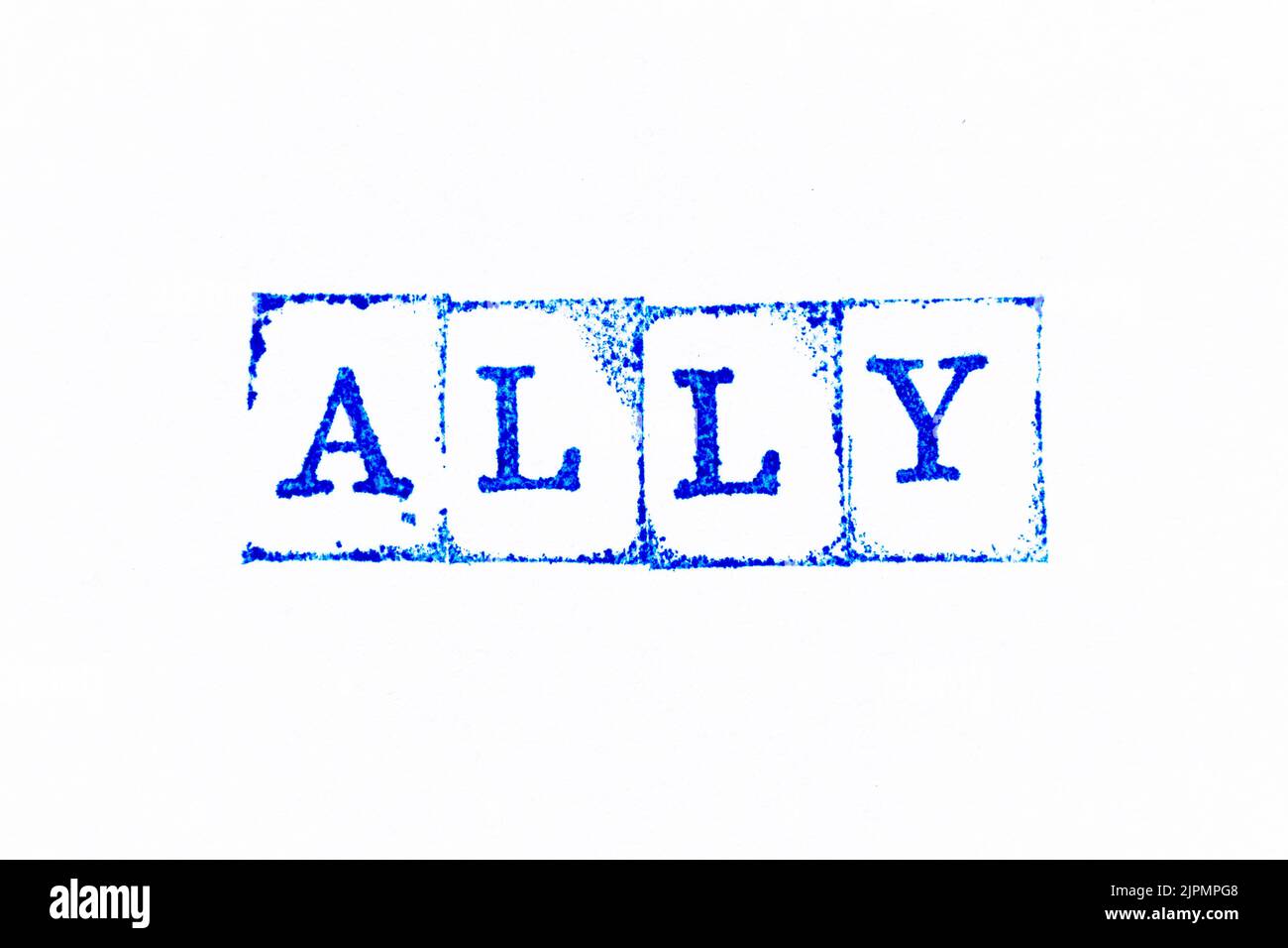 Blue color ink rubber stamp in word ally on white paper background ...