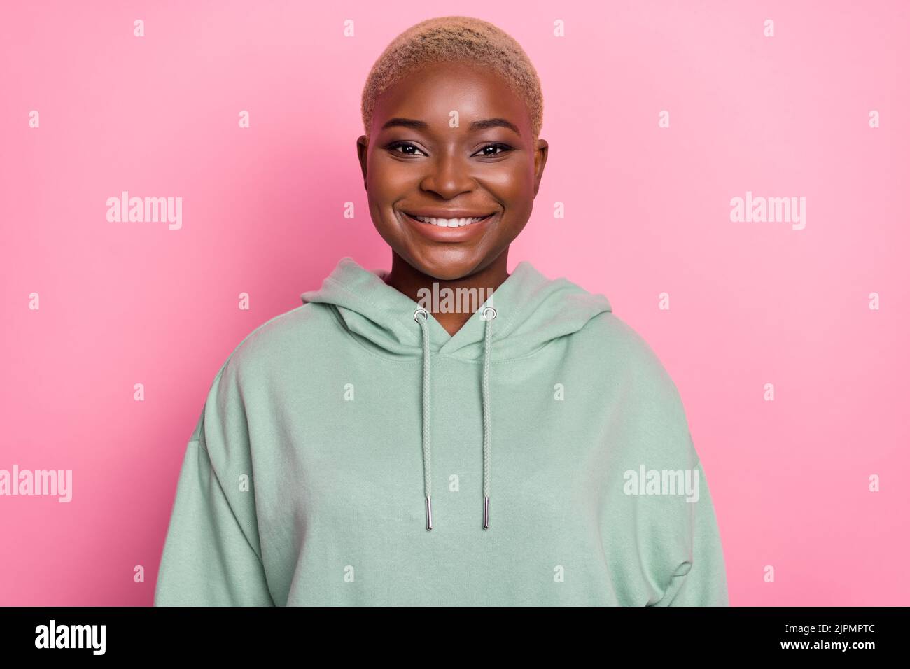 Photo of young good looking female with short fair hair wear comfy soft ...