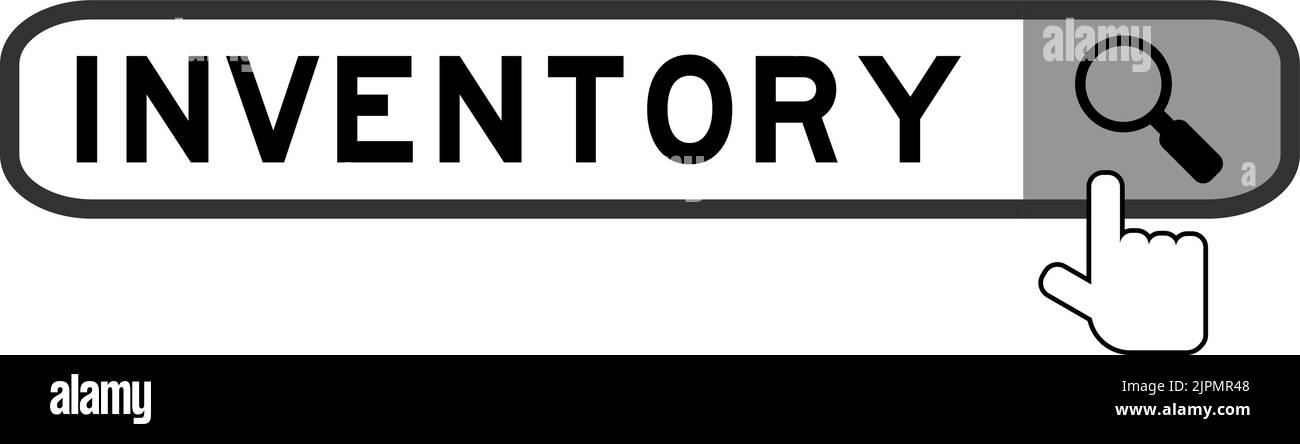 Search banner in word inventory with hand over magnifier icon on white ...