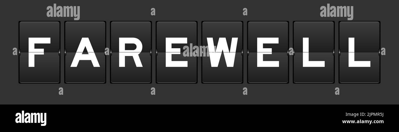 Black color analog flip board with word farewell on gray background ...