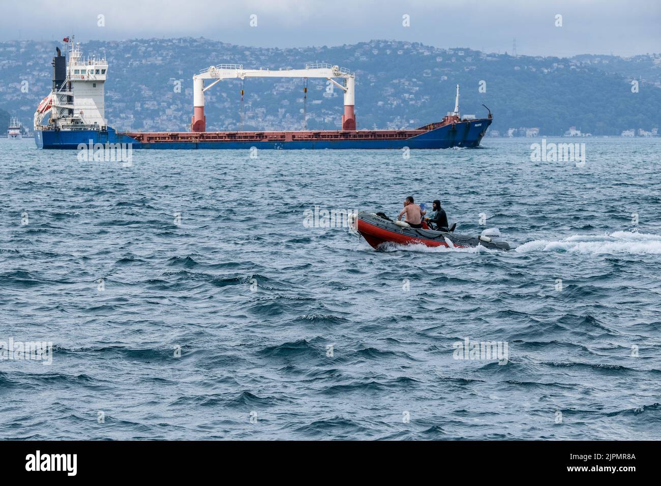 An international ship seen going to the Black Sea through the Bosphorus ...