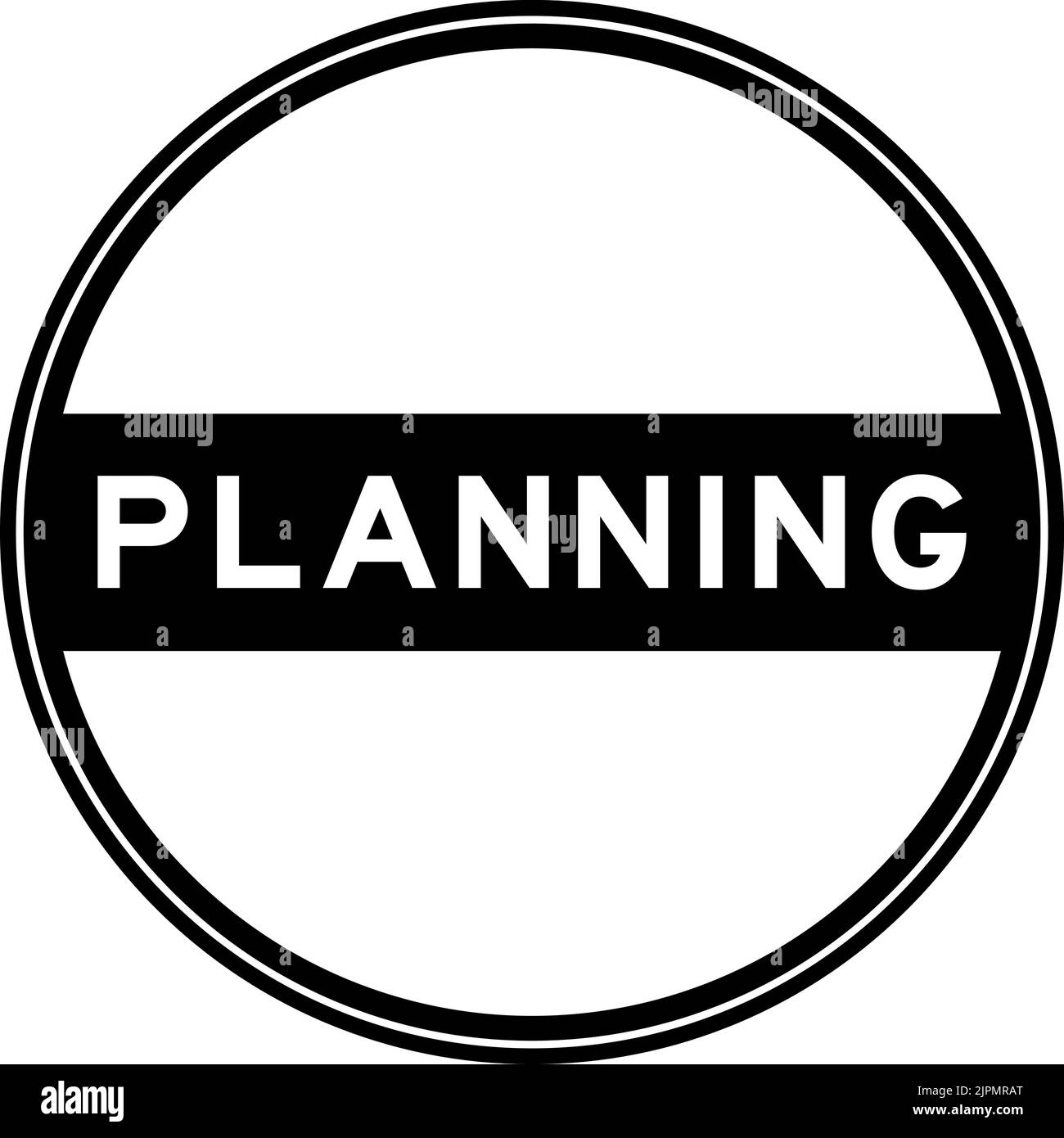 Black color round seal sticker in word planning on white background ...