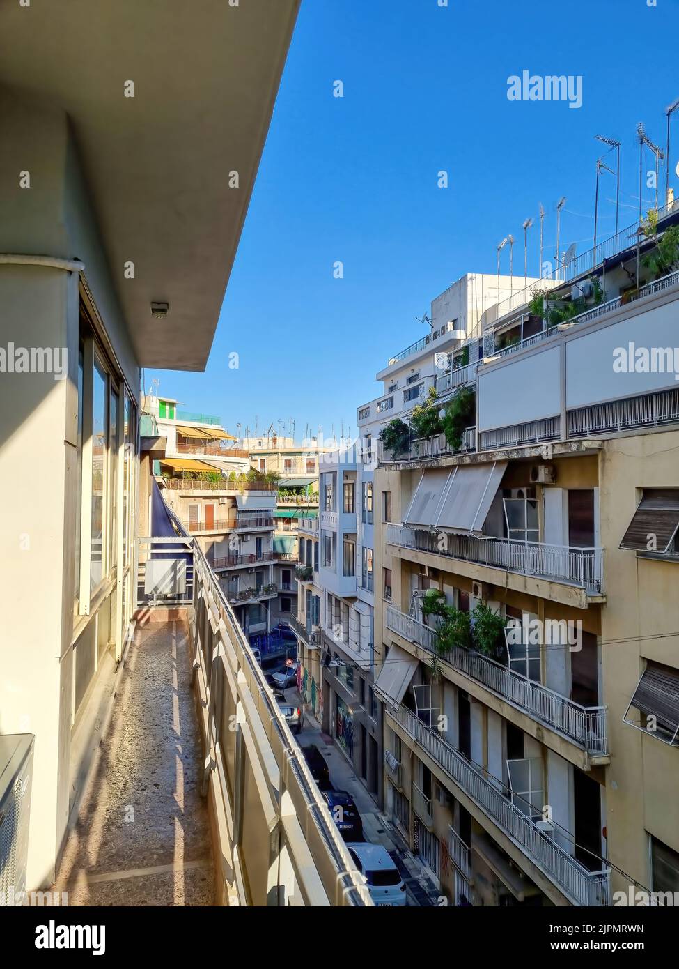 August 30th 2021 Greece. View of colorful houses at the narrow streets ...