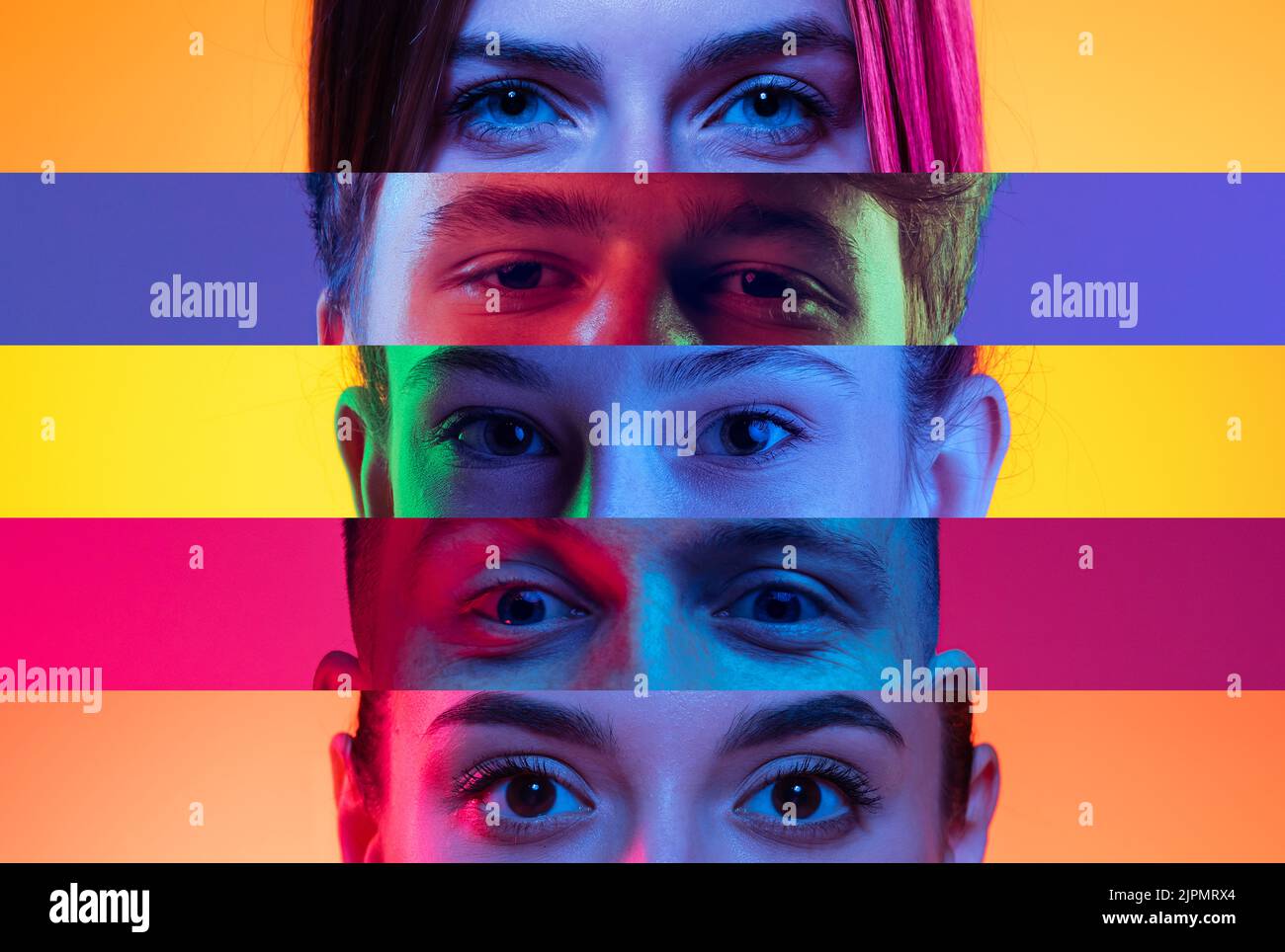 Collage of close-up male and female eyes isolated on colored neon ...