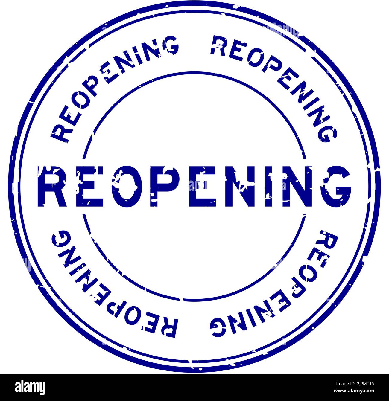 Grunge blue reopening word round rubber seal stamp on white background ...