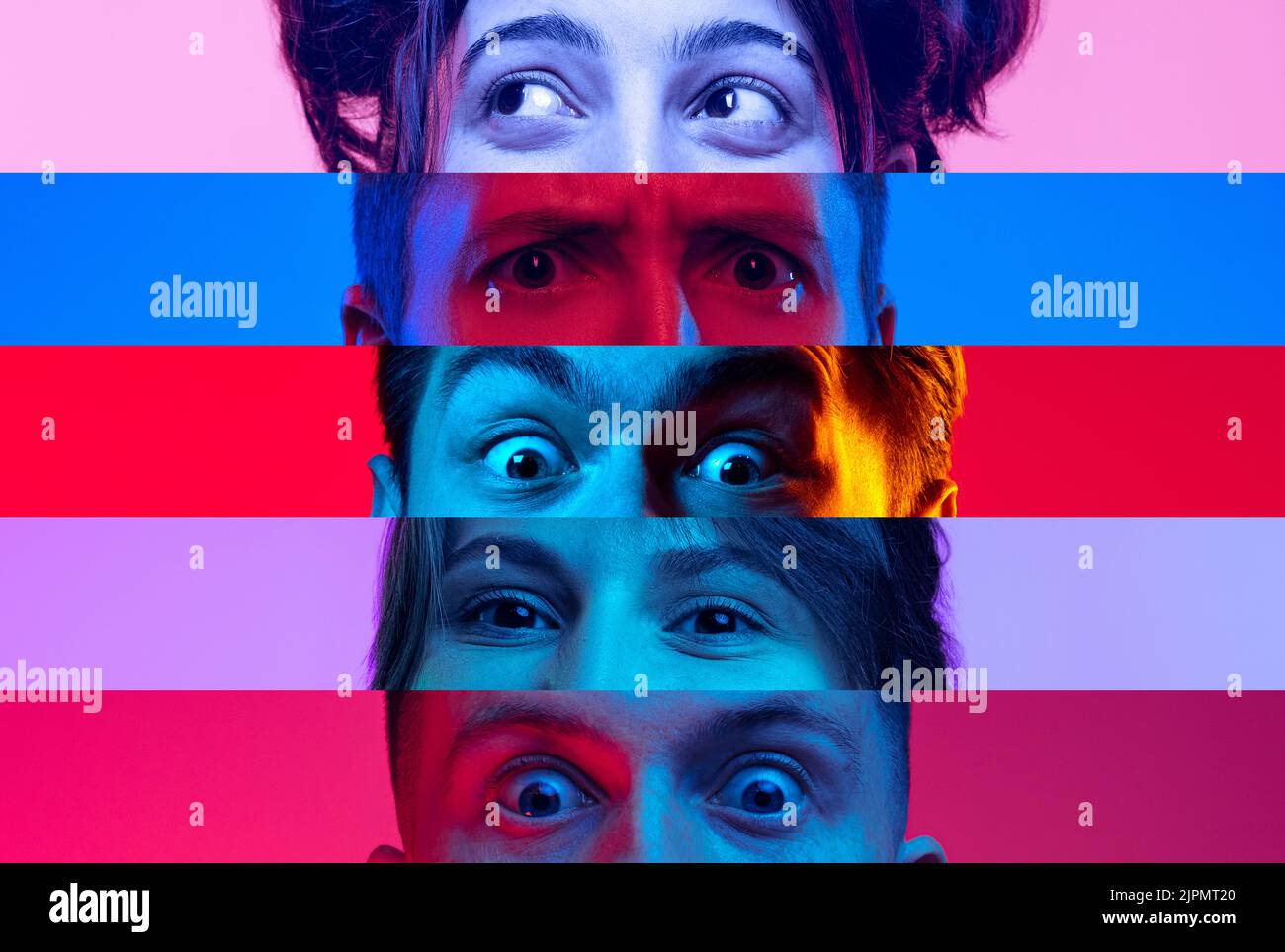 Collage of close-up male and female eyes isolated on colored neon ...