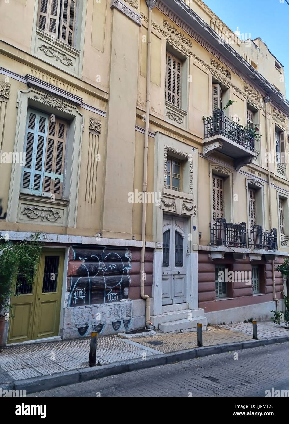 August 30th 2021 Greece. View of colorful houses at the narrow streets ...
