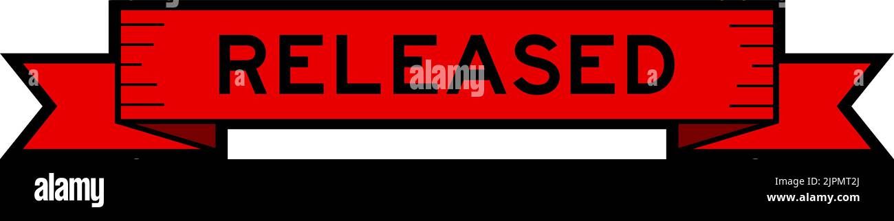 Red color ribbon label banner with word released on white background ...
