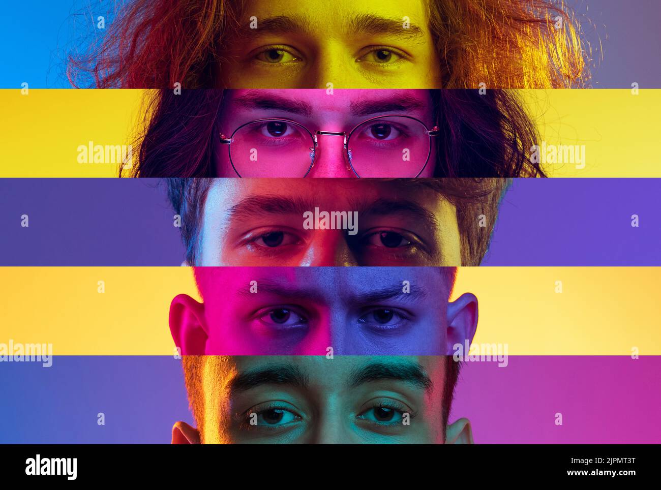 Collage of close-up male and female eyes isolated on colored neon ...