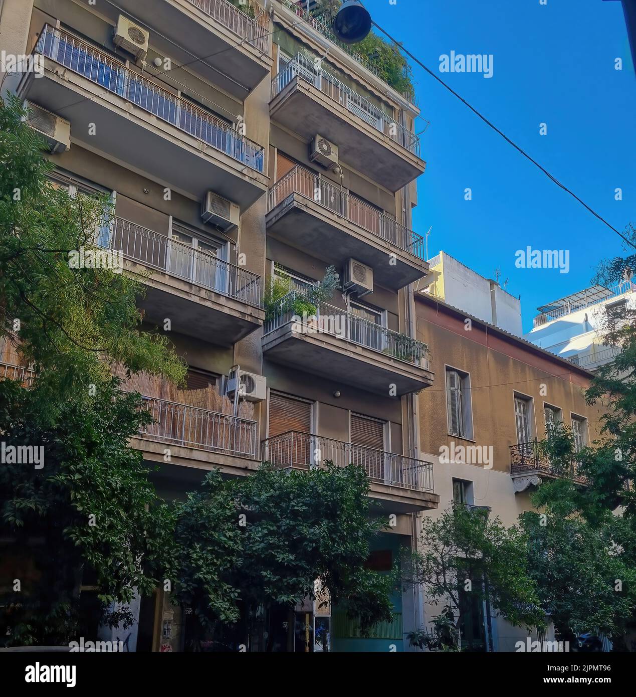 August 30th 2021 Greece. View of colorful houses at the narrow streets ...