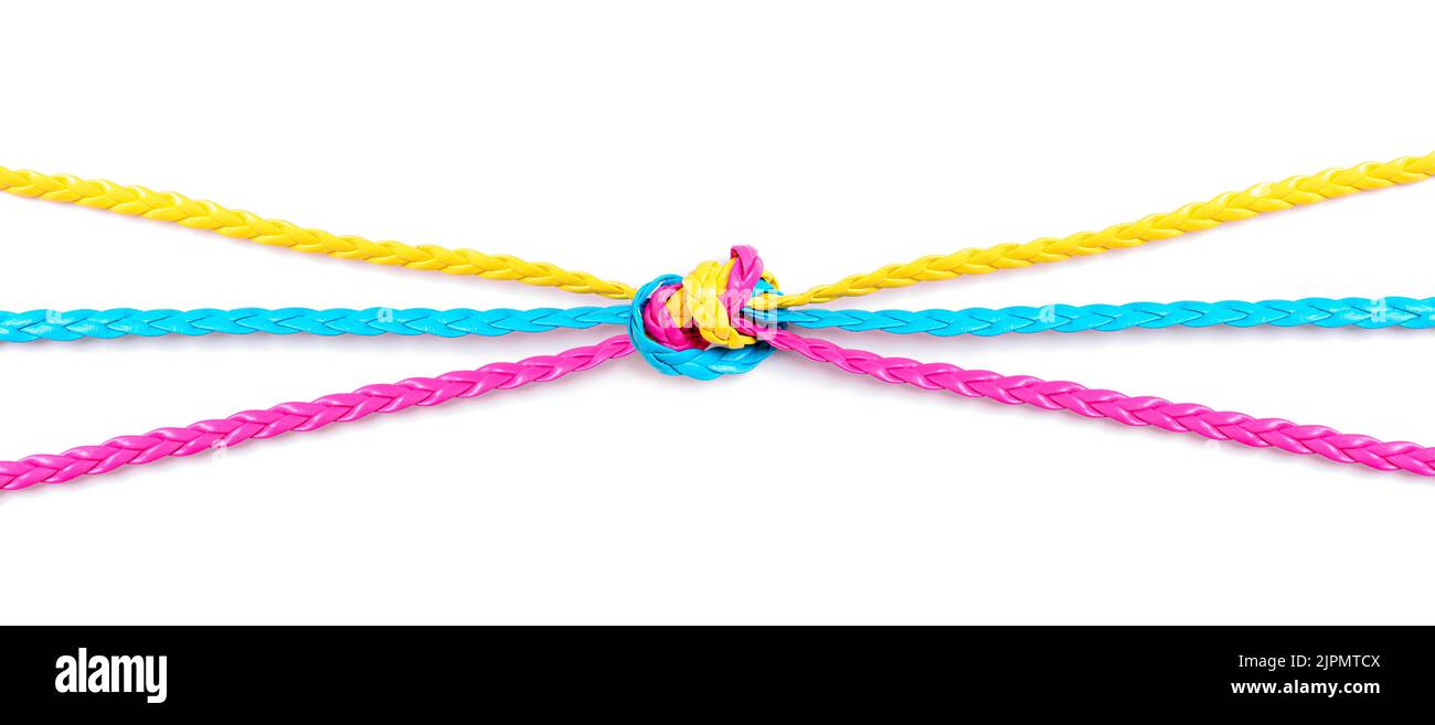 Colorful flat leather braided cords diverge to the sides from a large ...