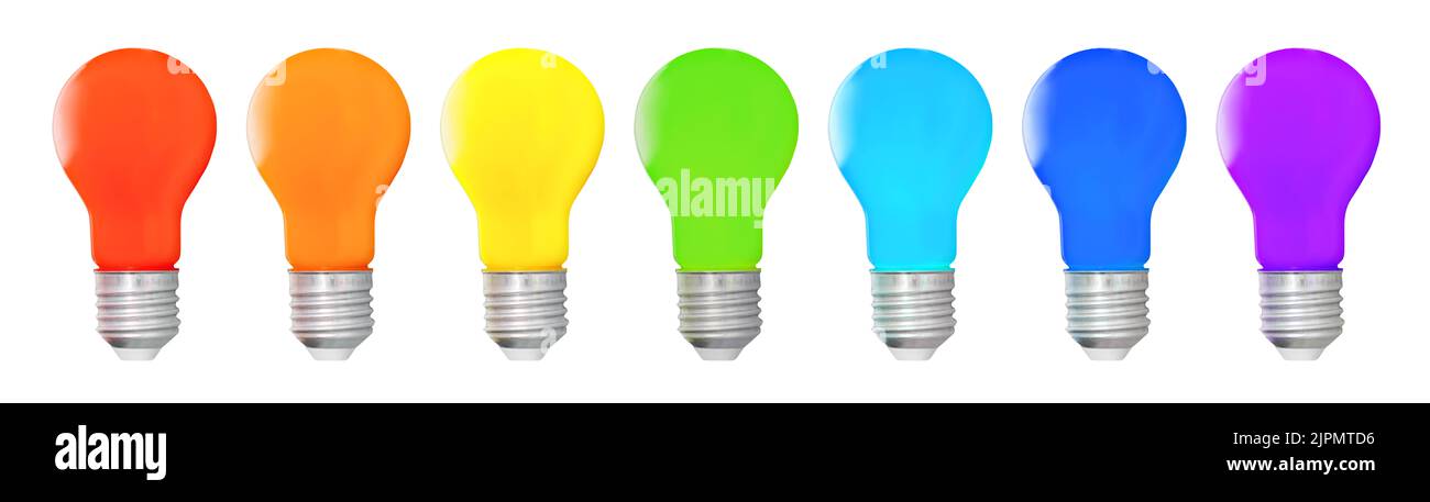 Row of rainbow colored incandescent light bulbs isolated on white ...