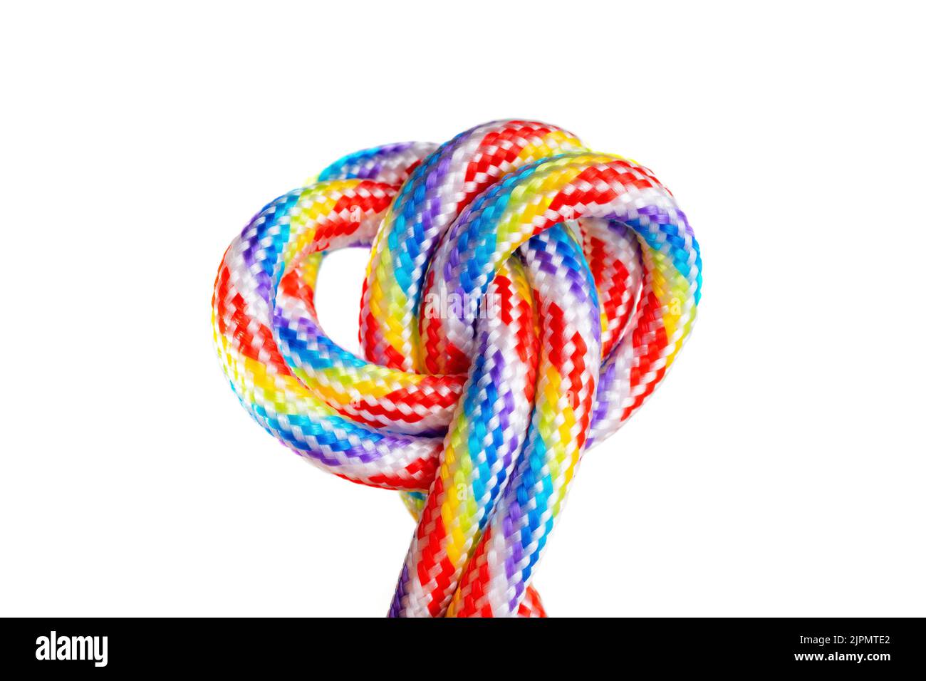 Knot made from intertwined rainbow colored threaded cords isolated on ...