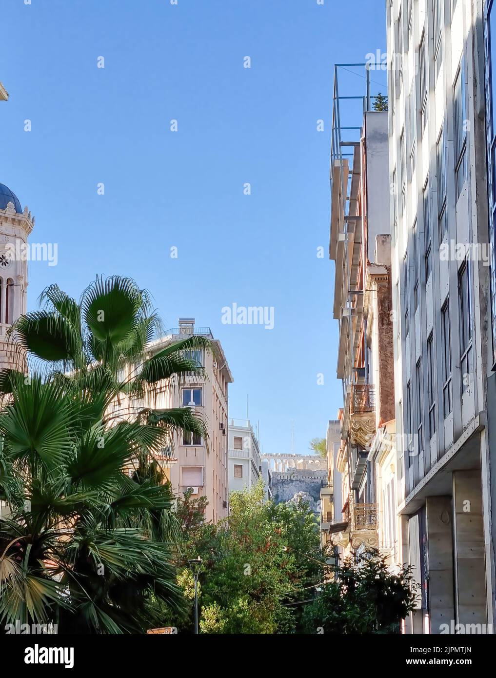 August 30th 2021 Greece. View of colorful houses at the narrow streets ...