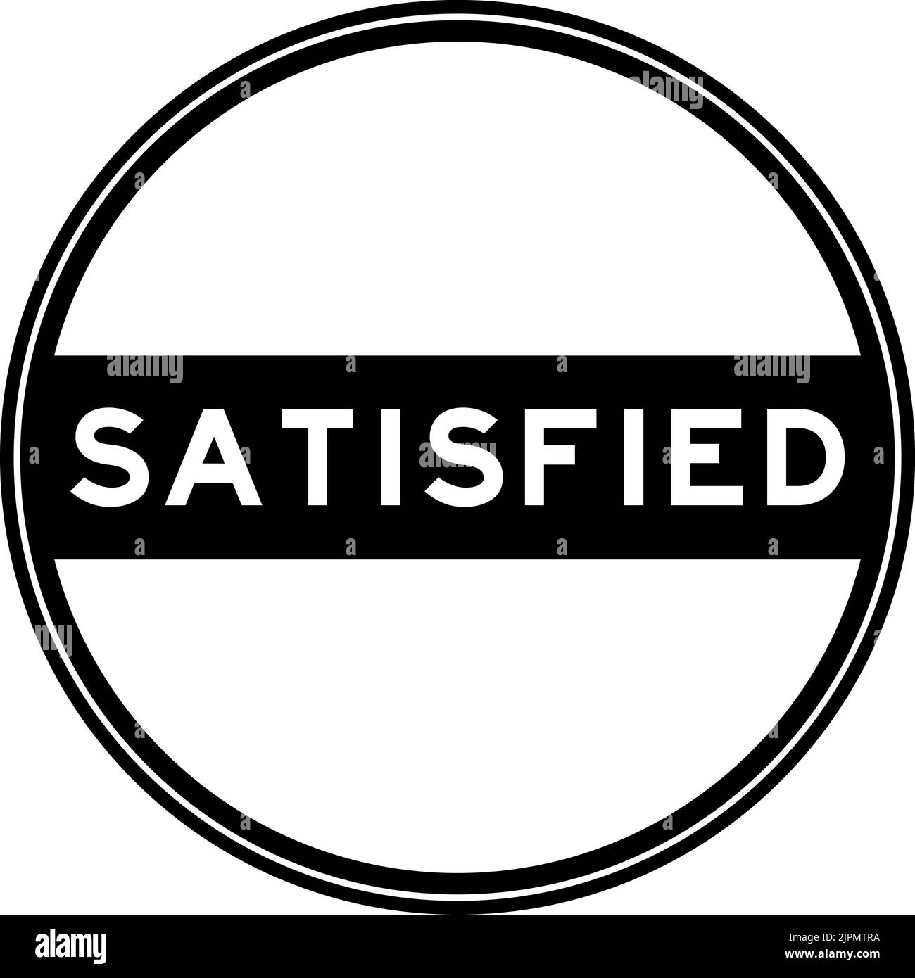 Black color round seal sticker in word satisfied on white background ...