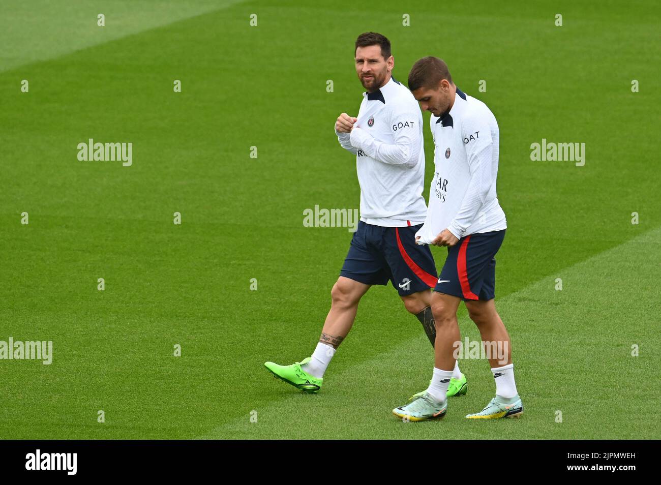 Lionel Messi and Marco Verrati during a training session at the Ooredoo ...