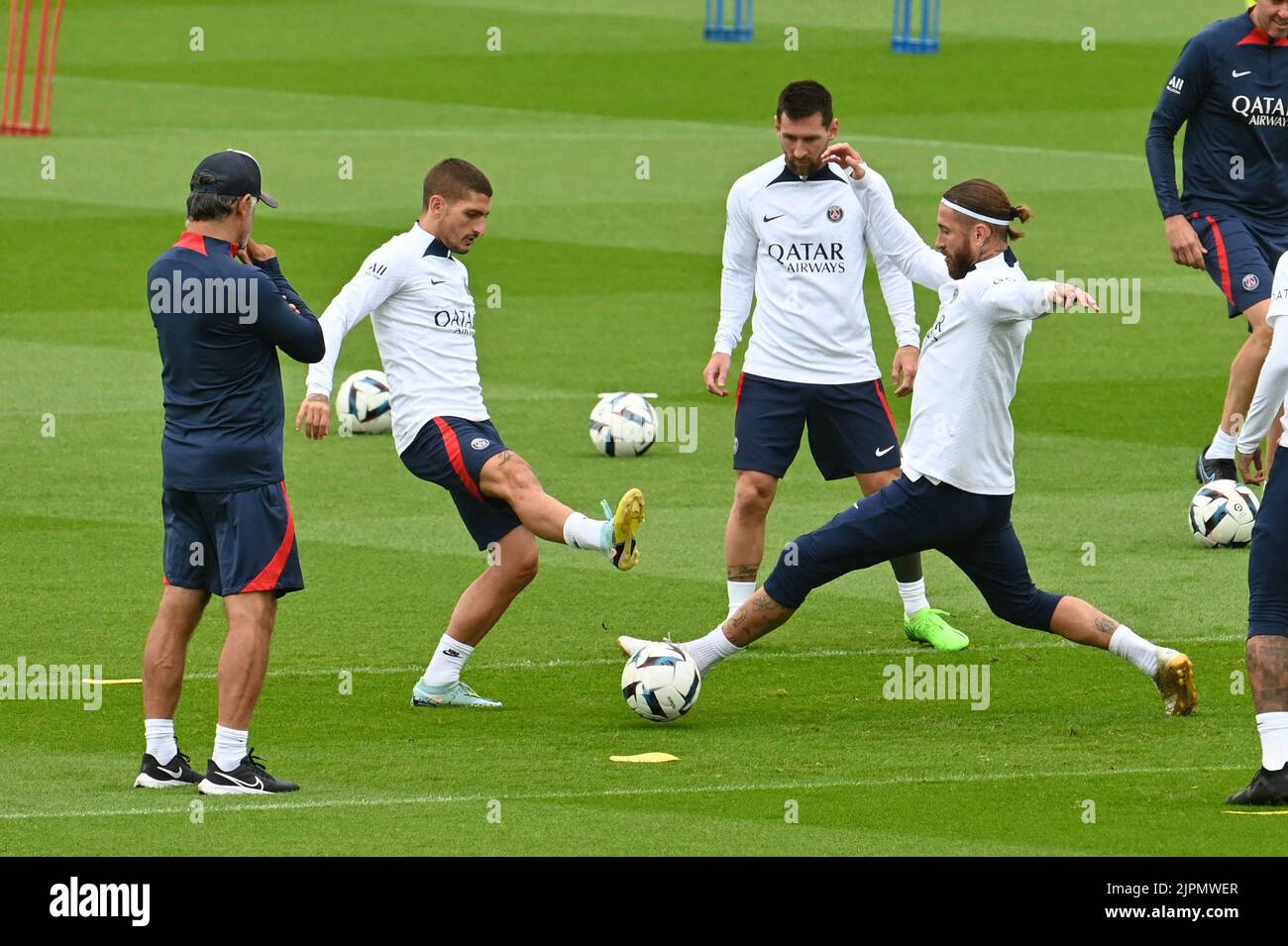 From left to right Marco Verrati, Lionel Messi, Sergio Ramos during a ...