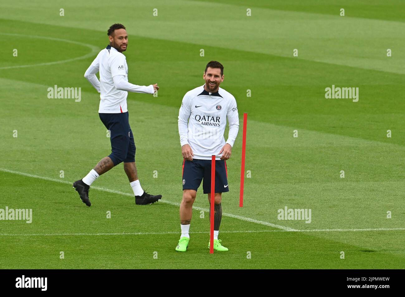 From left to right Neymar Jr and Lionel Messi during a training session ...