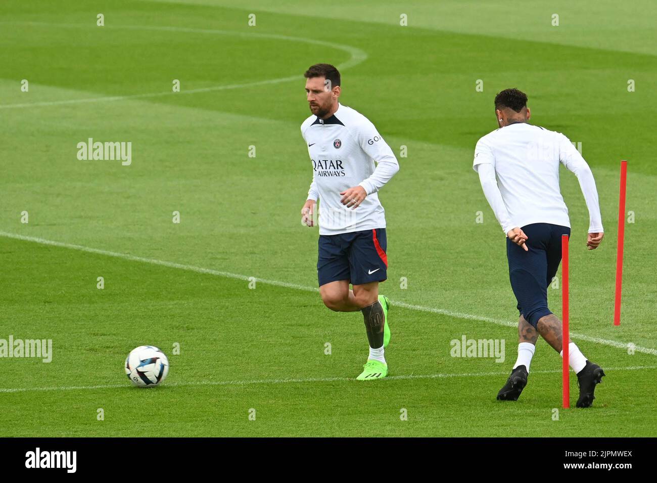 Lionel Messi and Neymar Jr during a training session at the Ooredoo ...