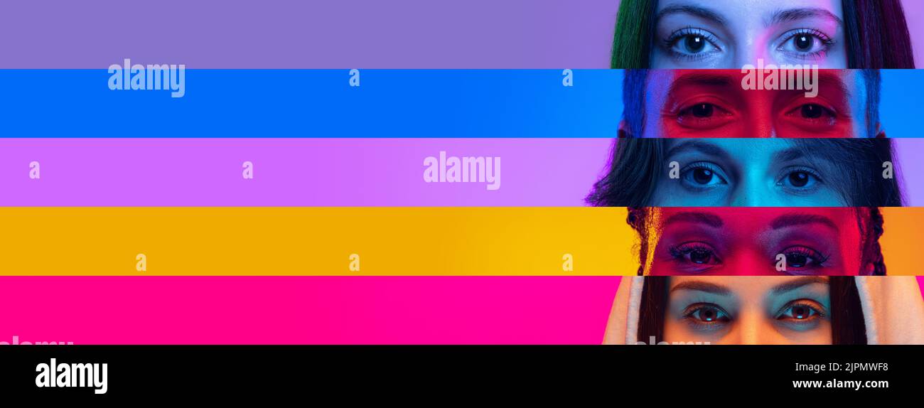 Collage of close-up male and female eyes isolated on colored neon ...