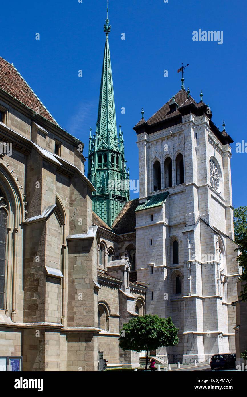 A vertical shot of St Pierre Cathedral tower. Geneva, Switzerland Stock ...