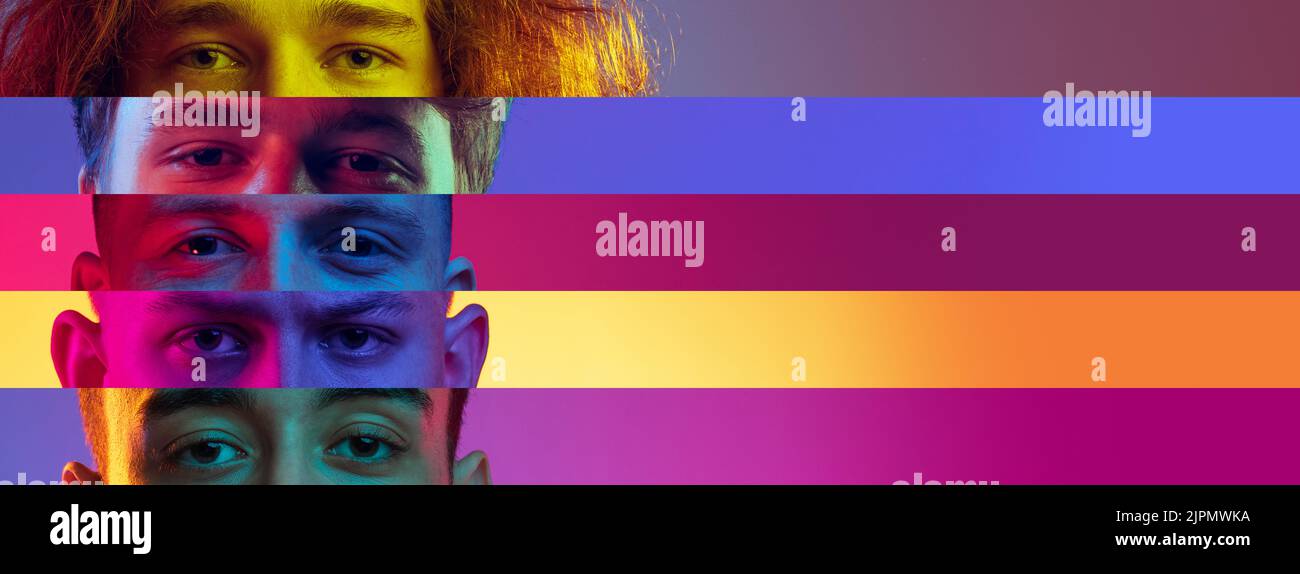 Collage of close-up male and female eyes isolated on colored neon ...