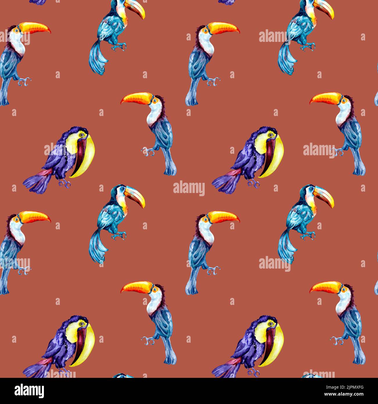 Toucans, exotic tropical birds watercolor seamless pattern on dark ...