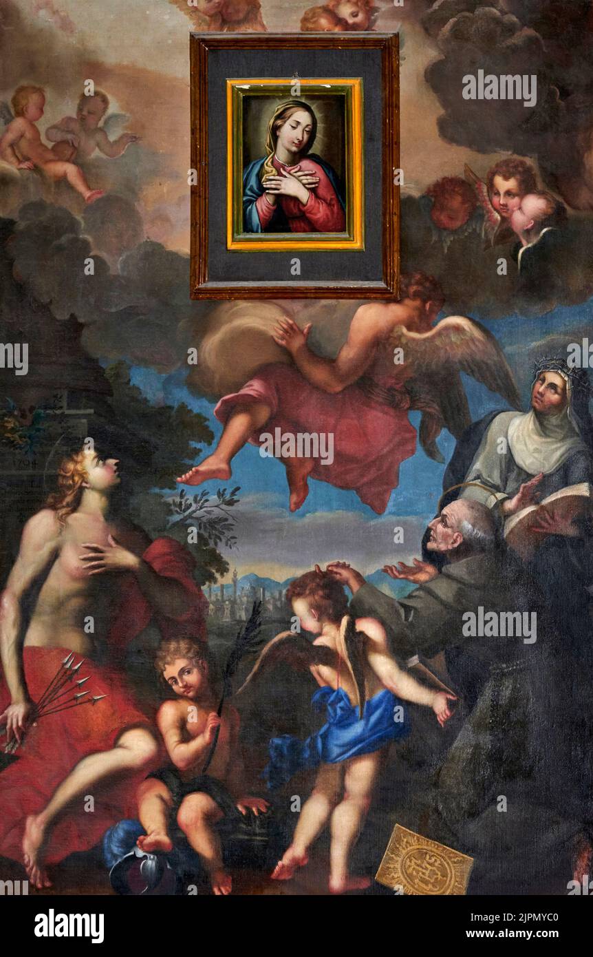 S. Sebastiano, S. Bernardino da Siena e S. Caterina da Siena adorano l’immagine della Vergine ...