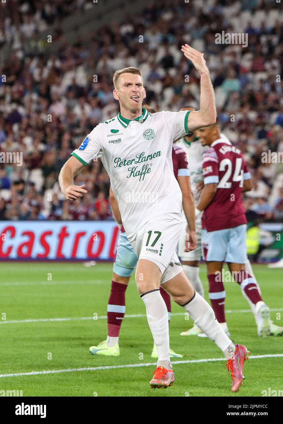 London, UK. 18th Aug, 2022. Jacob Bonde of Viborg FF celebrates scoring ...