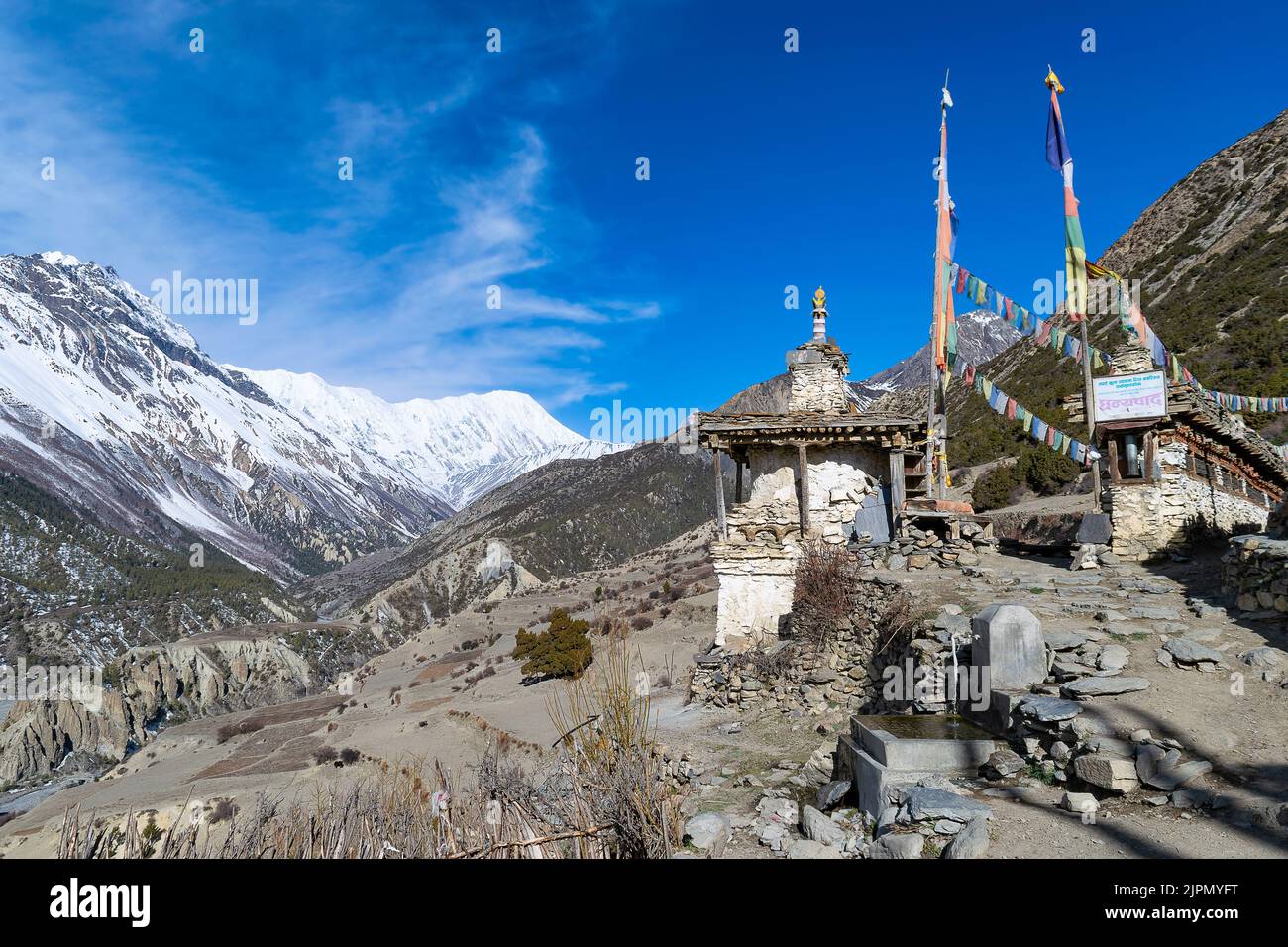 An aerial view of Stupa outside Manang village along Annapurna circuit ...