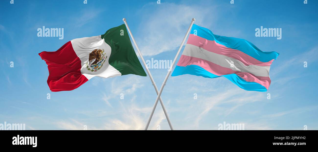 two crossed flags transgender Pride and mexico waving in wind at cloudy ...