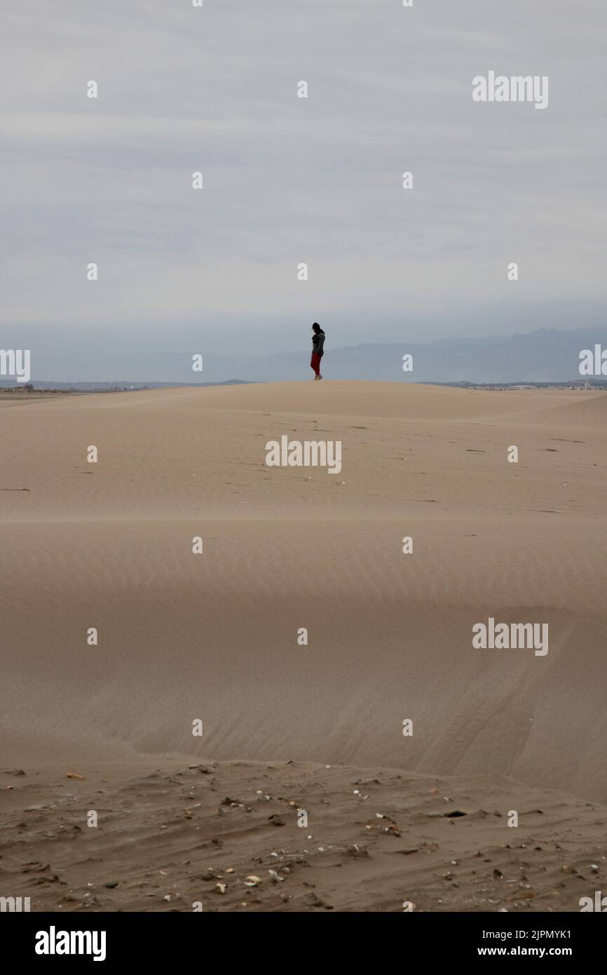 The vertical view of a human standing on the sand under the cloudy sky ...