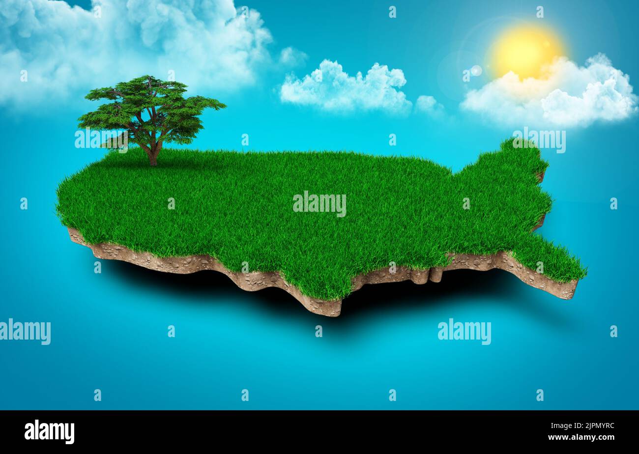 A 3d illustration of a USA Map, with tree, sun rays on bright blue sky ...