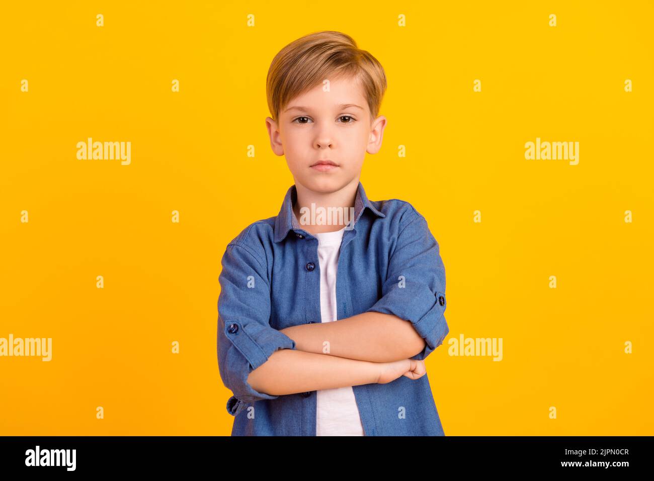 Portrait of focused calm school boy crossed arms serious look isolated ...