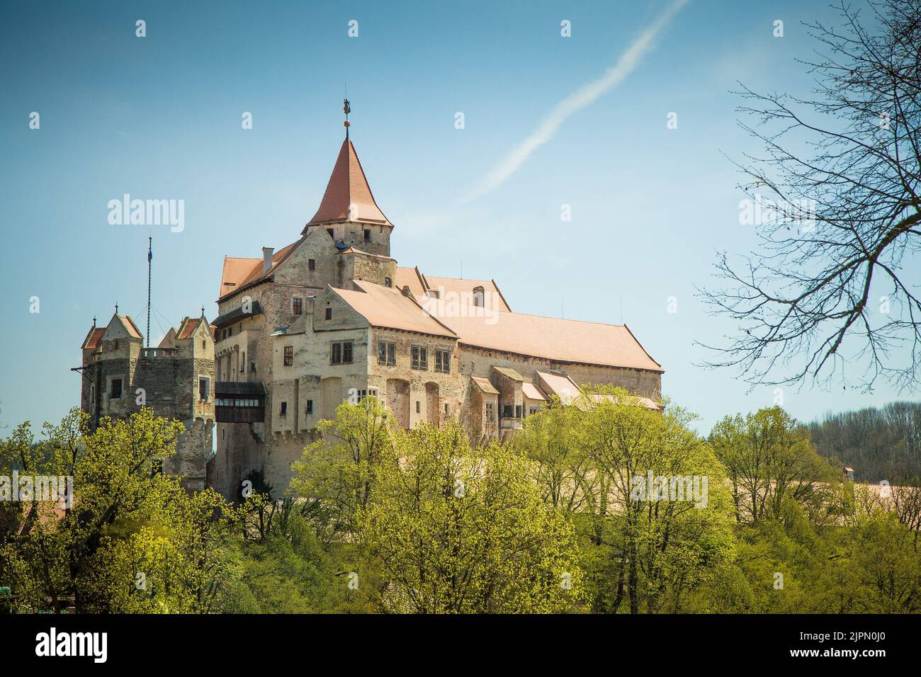 Beautiful panoramic view of ancient royal Pernstejn castle. South ...
