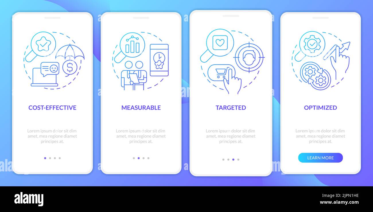 Digital advertising advantages blue gradient onboarding mobile app screen Stock Vector Image ...