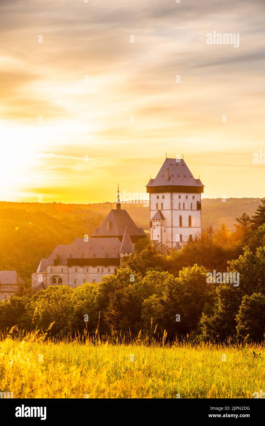 Beautiful sunset over famous Czech Republic castle, the Karlstejn ...