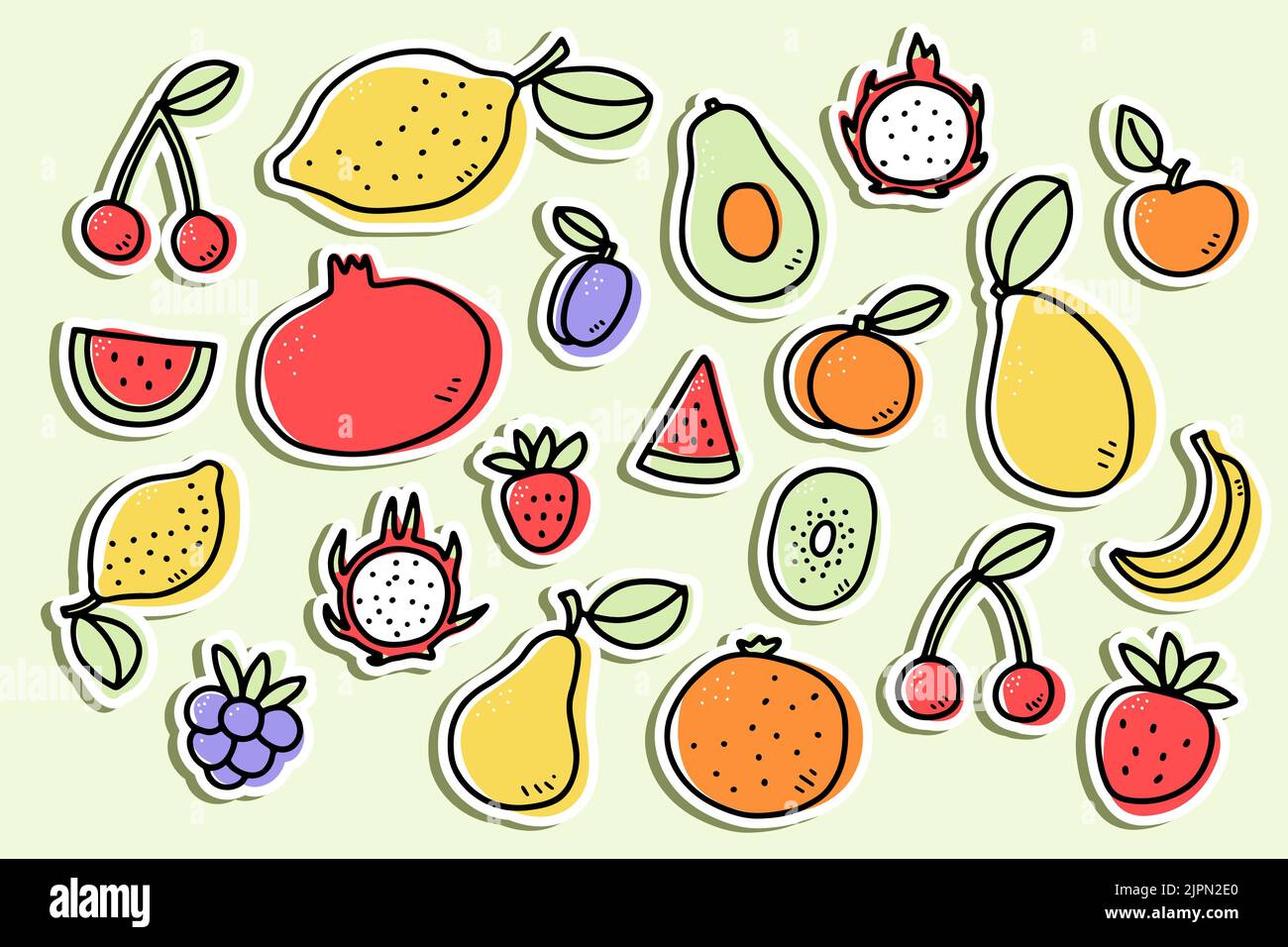 Doodle fruits, berries sticker set. Hand-drawn orange, apple, avocado ...