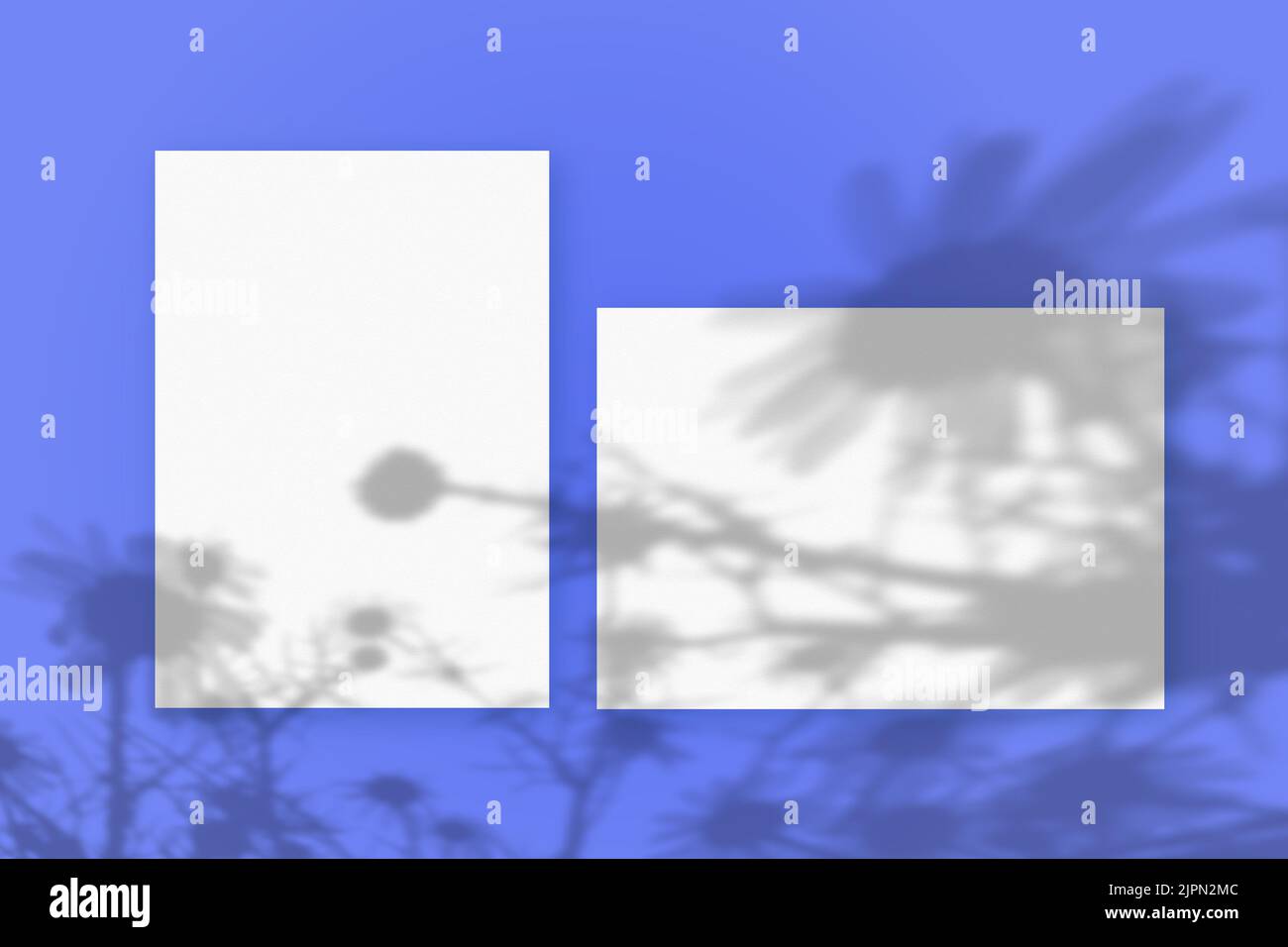 Horizontal and vertical sheets of white textured paper against a blue ...